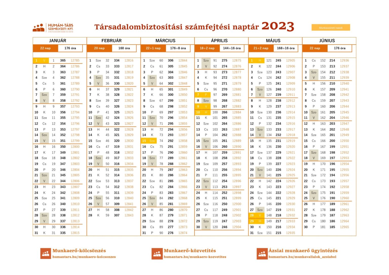 Társadalombiztosítási számfejtési naptár 2023 - Humán-Társ Személyzeti Kft.